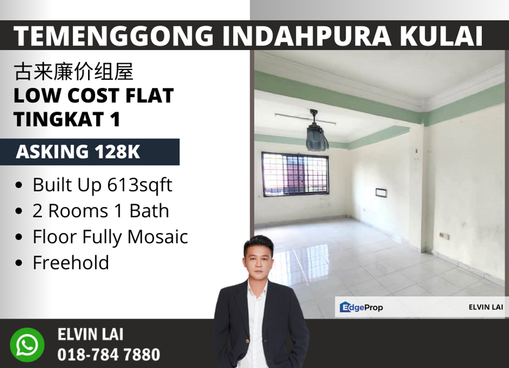 Flat Temenggong / Bandar Indahpura Kulai / Tingkat 1 Low Floor for Sale @RM128,000 By ELVIN LAI ...