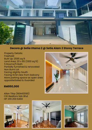 Decora @ Setia Utama 2 @ Setia Alam 3 Storey Terrace for Sale @RM950 ...