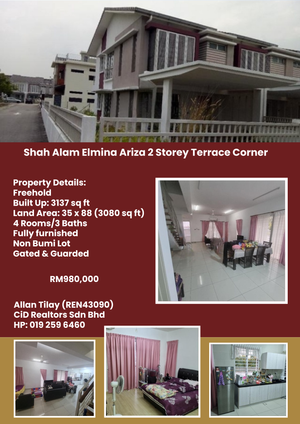 Shah Alam Elmina Ariza 2 Storey Terrace Corner for Sale @RM980,000 By ...