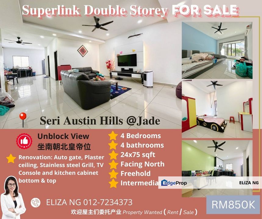 Seri Austin Hill Jade Renovated Unblock View Double Storey Superlink for Sale for Sale @RM850 ...