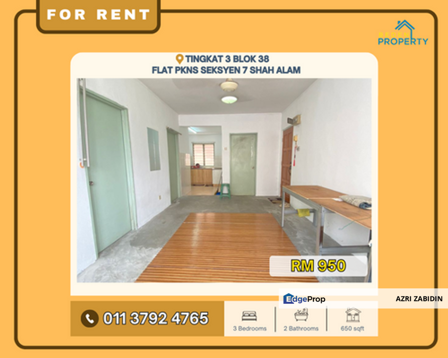 Sewa Tingkat 3 Flat PKNS Seksyen 7 Shah Alam Berdekatan UiTM, UNISEL ...